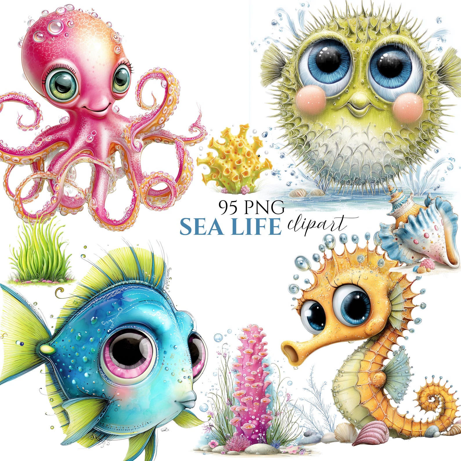 Watercolor Sea Life Clipart – Ocean Animals Digital Download (95 PNG ...