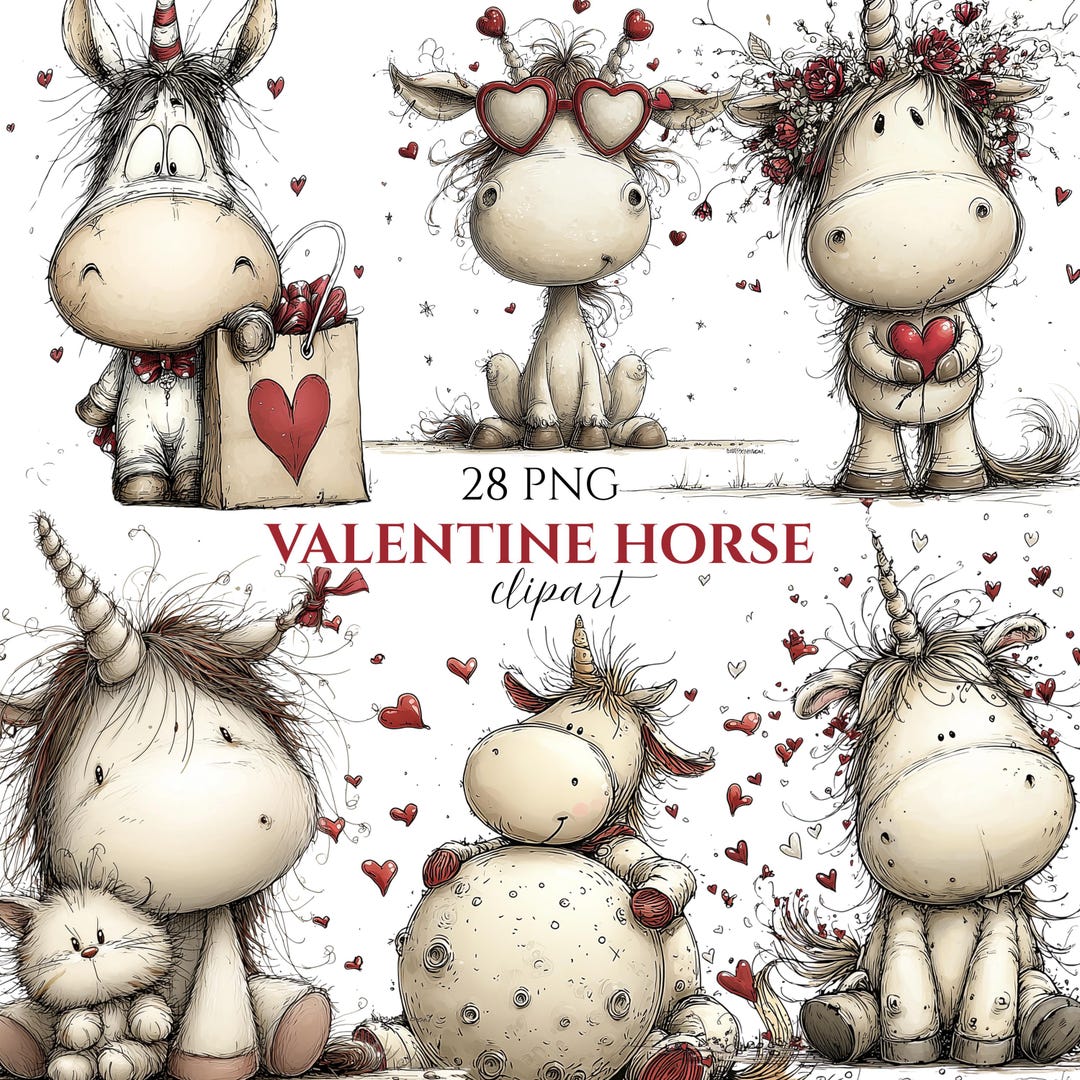 Valentine Cartoon Horse Unicorn Clipart Bundle (digital Download 28 PNG ...