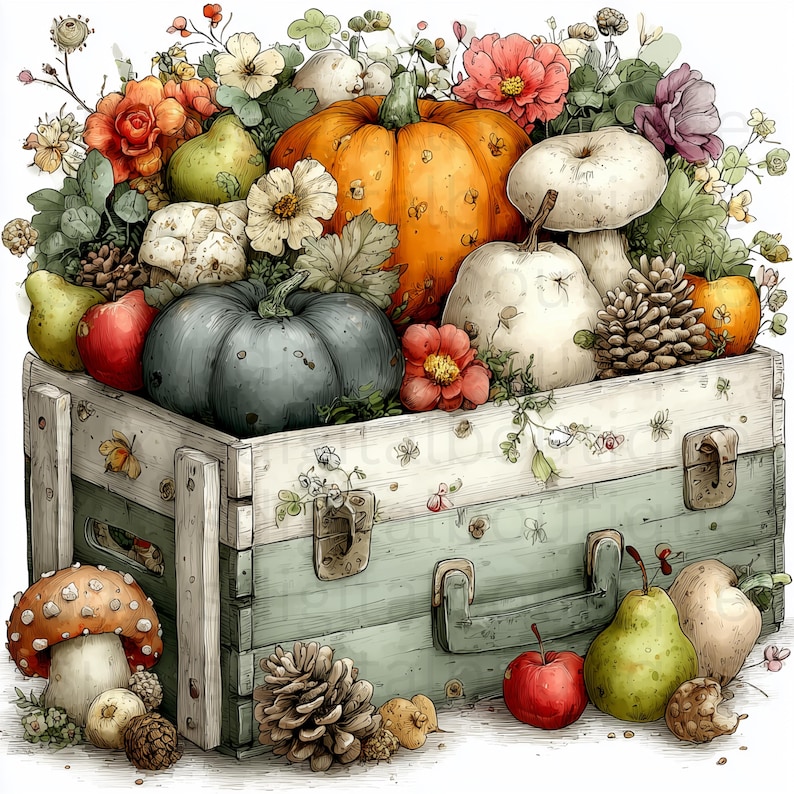Cozy Autumn Watercolor Clipart, Fall Harvest Pumpkins Leaves ...