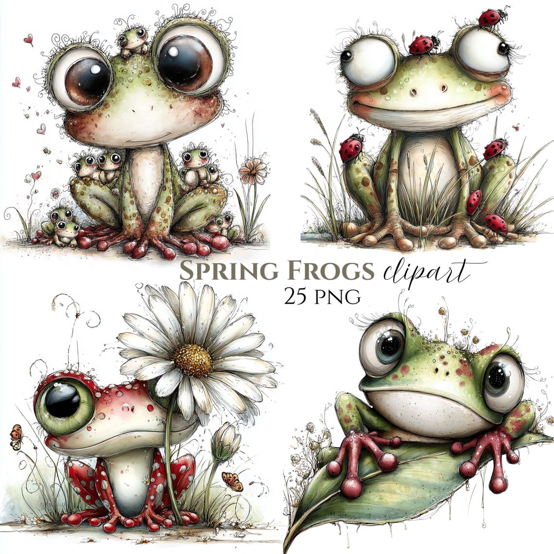 Watercolor Frog Clipart Bundle, Cottagecore Spring Animal Art (25 PNG ...