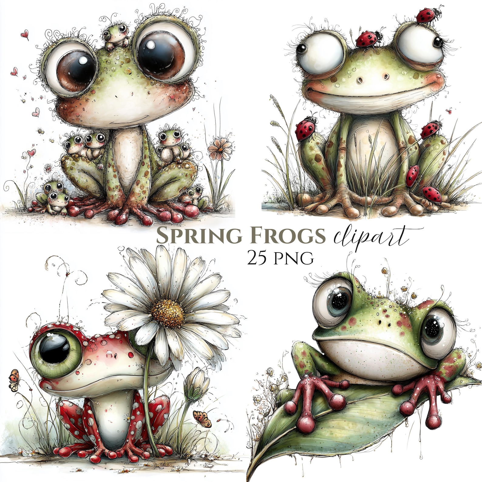 Watercolor Frog Clipart Bundle, Cottagecore Spring Animal Art (25 PNG ...