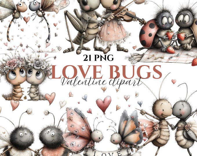 Cute Love Bug PNG Clipart Bundle, Transparent Backgrounds, Digital ...