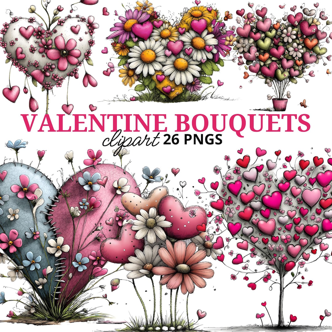 Buy Valentine Heart Bouquet Clipart | Boho Floral Pngs (digital ...