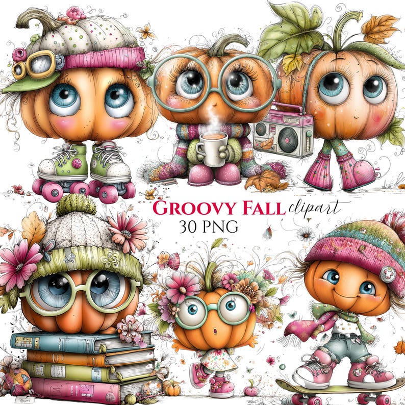Groovy Fall Pumpkin Clipart Bundle | Whimsical 70s Autumn Characters ...