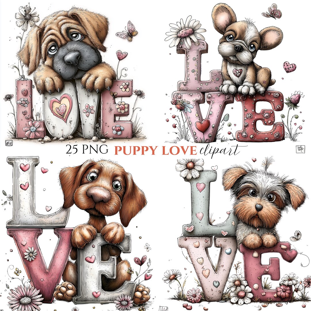Puppy Love Valentine Art | Dog Clipart Bundle (25 PNG) (digital ...