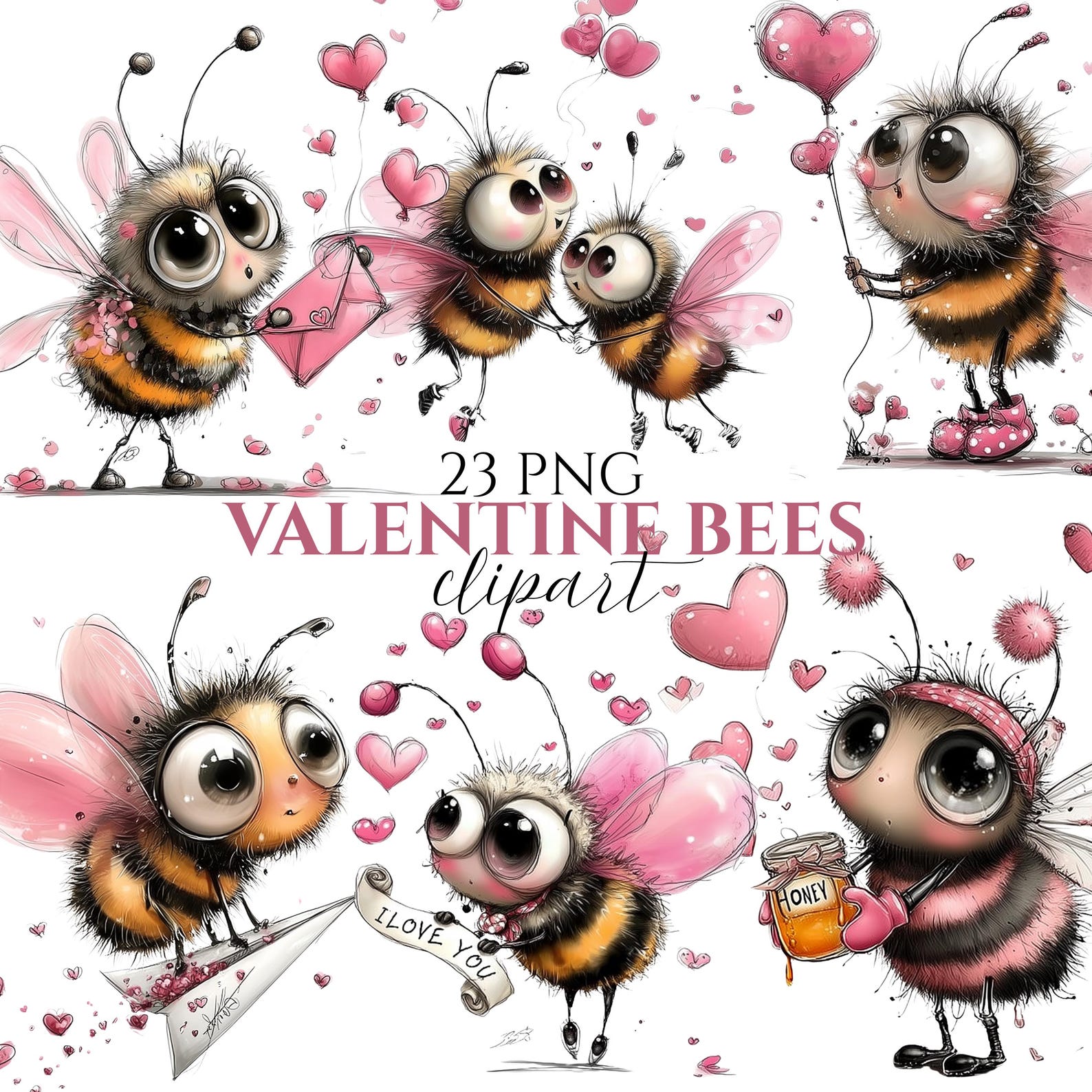 Whimsical Valentine Bee Clipart Bundle, Cute Kawaii Bees, Love Bug PNG ...