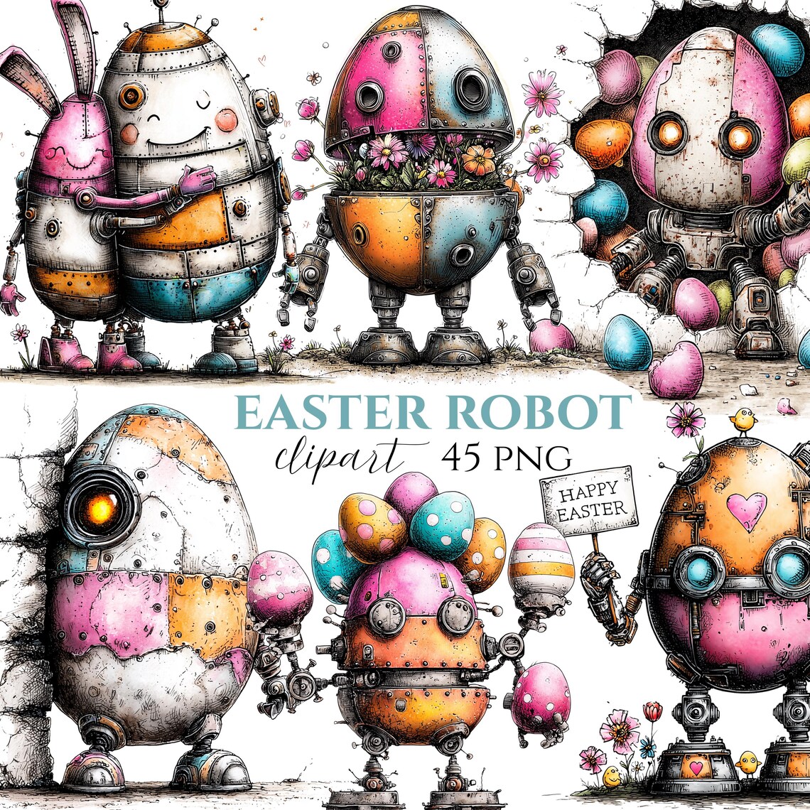 Easter Robot Clipart Bundle, Whimsical Spring Egg PNG (digital Download ...