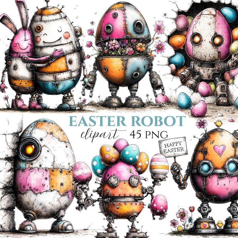 Easter Robot Clipart Bundle, Whimsical Spring Egg PNG (digital Download ...