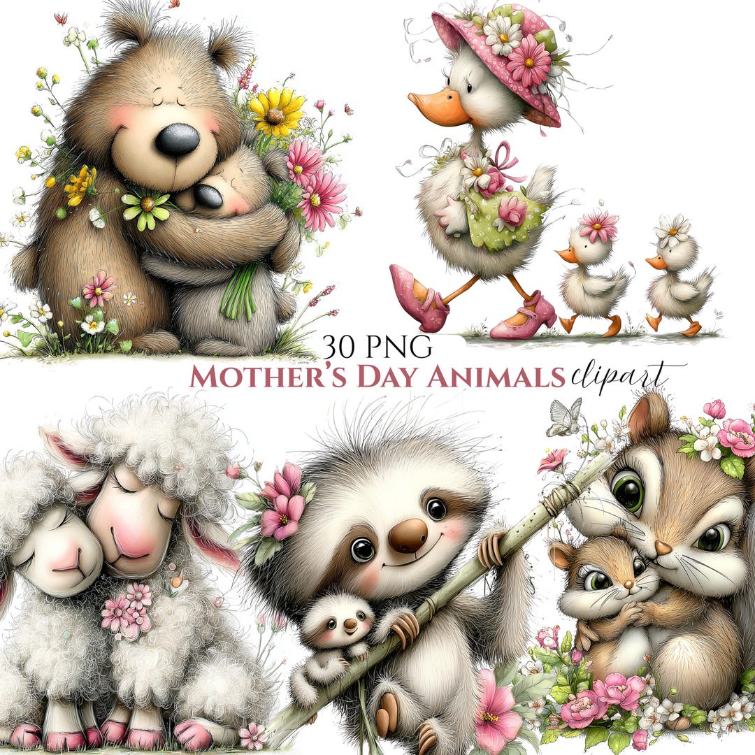 Mother's Day Animal Clipart Bundle | Watercolor Mom Baby Animals PNG ...