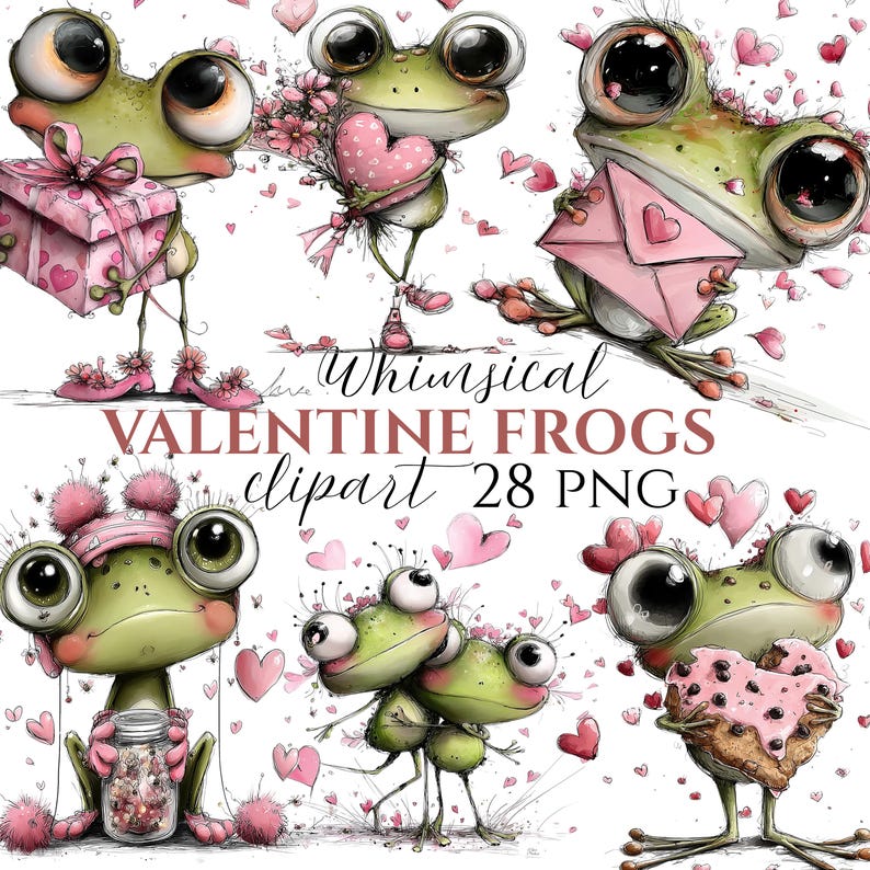 Valentine Frog Clipart Bundle, Cute Kawaii Frogs, Love Frog Pngs ...