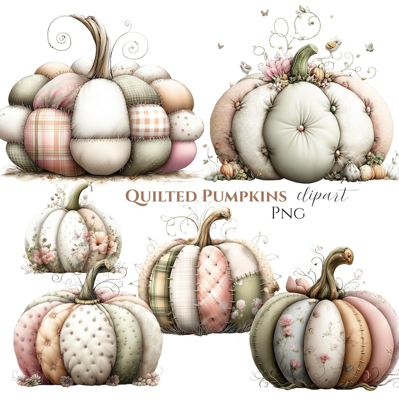 Pastel Quilted Pumpkin Clipart Bundle, Patchwork Fabric PNG, Autumn ...