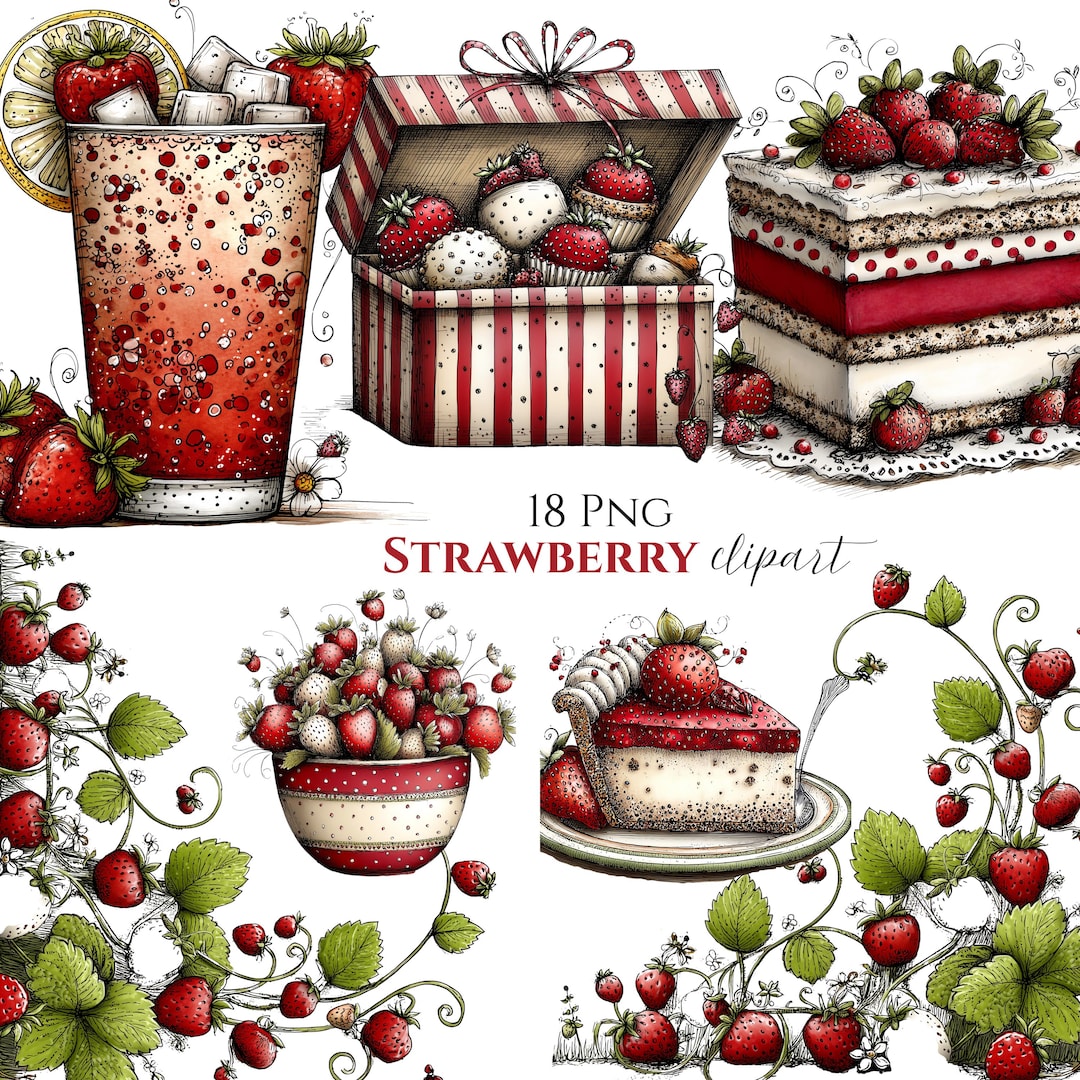 Watercolor Strawberry Clipart Bundle | Summer Fruit, Cake, Tea Designs ...