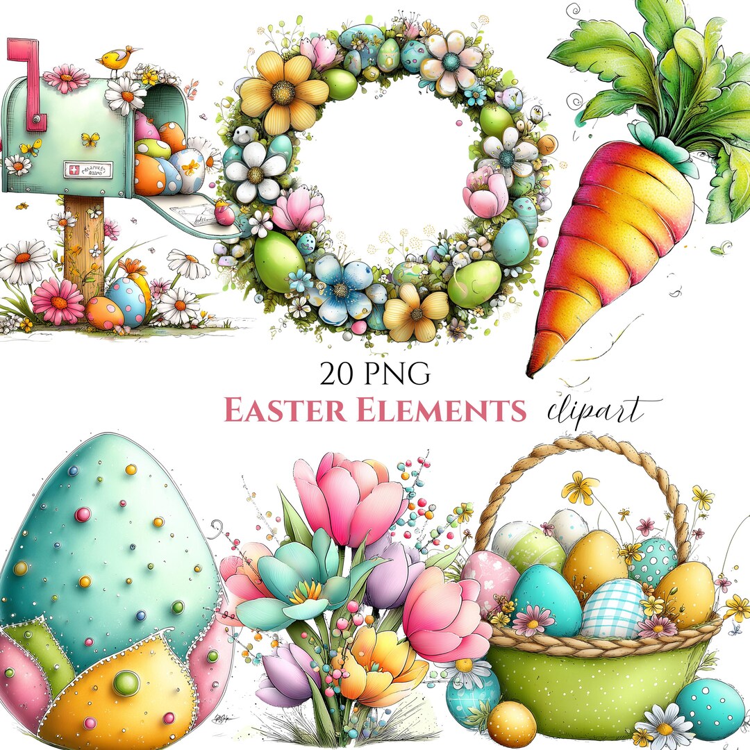 Pastel Easter Clipart Bundle | Watercolor Bunnies, Eggs, Flowers (20 ...