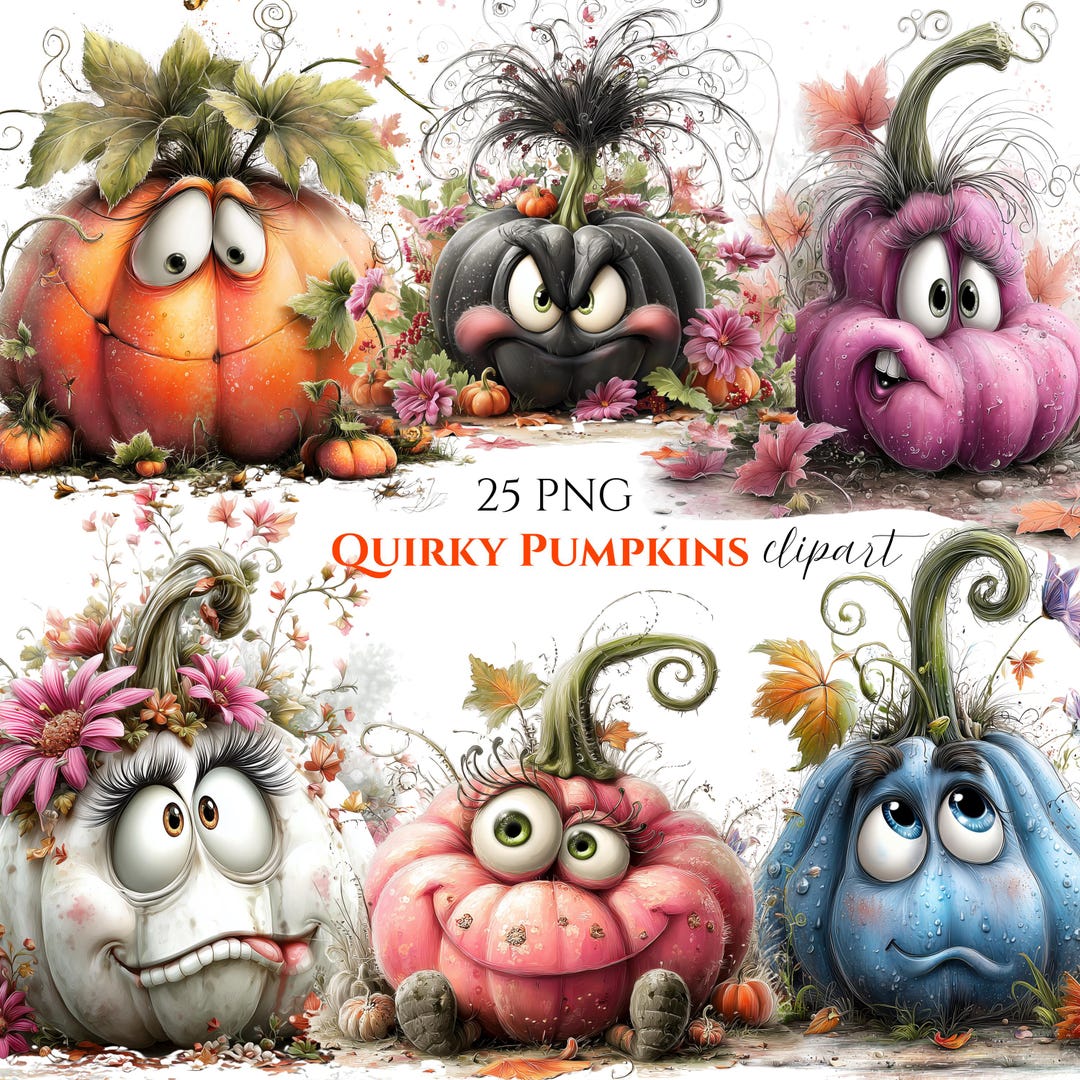 Whimsical Fall Pumpkin Clipart Bundle – Watercolor Autumn Characters ...