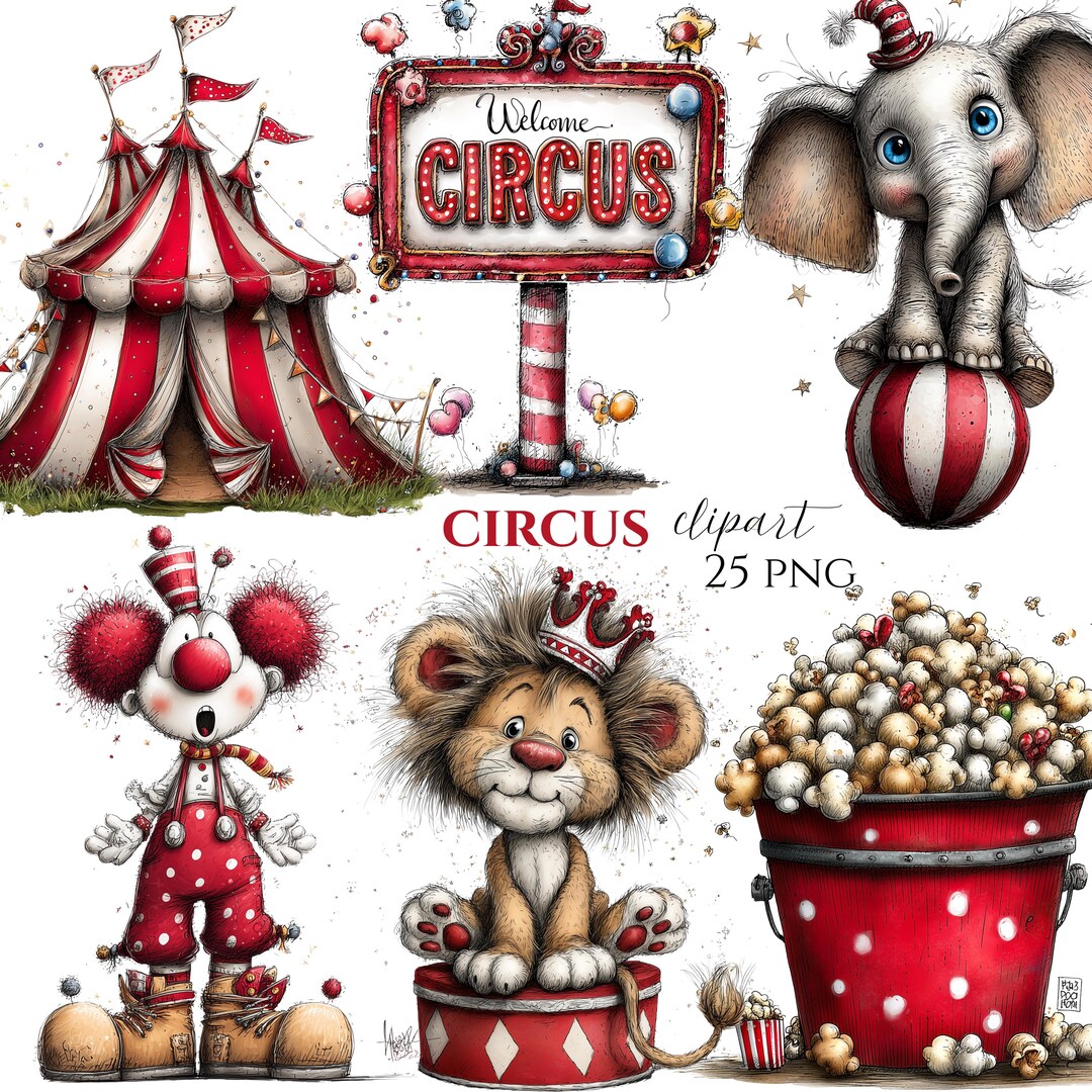 Vintage Circus Animals Clipart Bundle, Carnival Tent Clown Graphics (25 ...