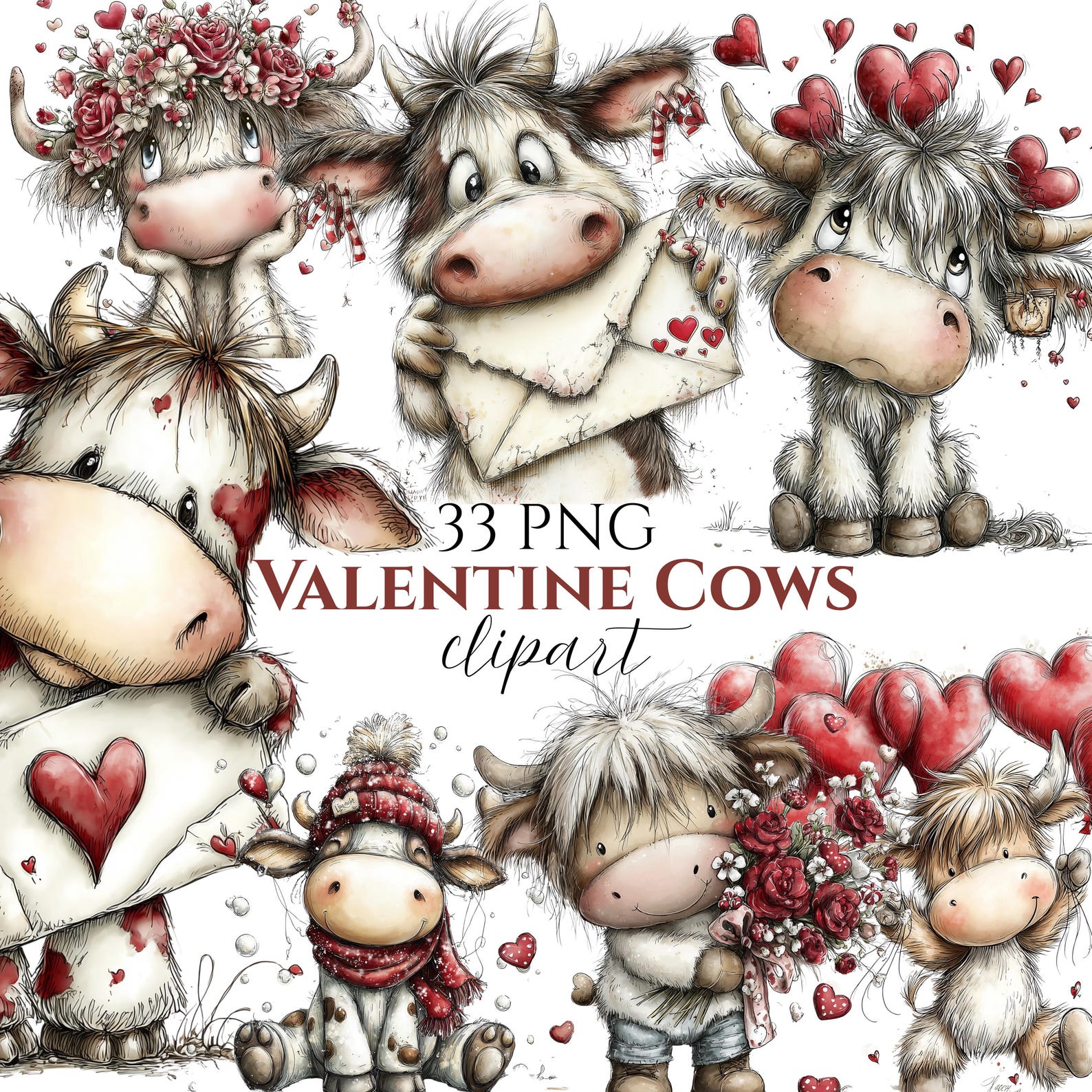 Valentine Cow Clipart Bundle | Cute Valentine Cows PNG | Farm Animal ...