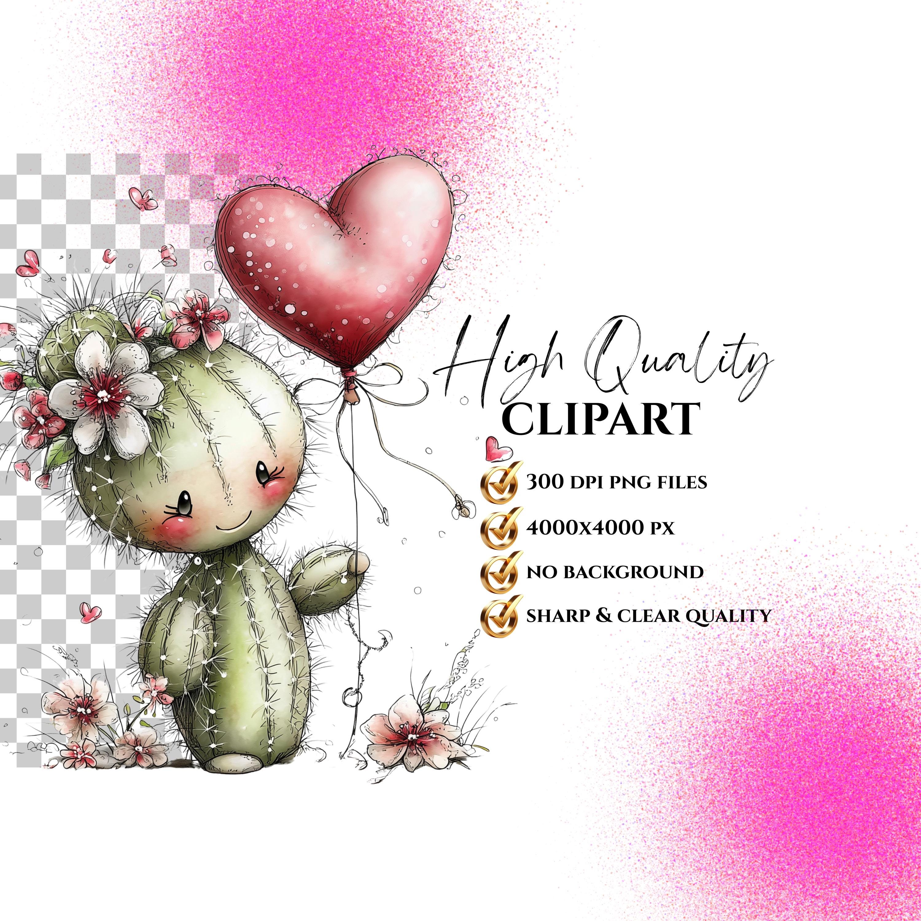 Watercolor Valentine Cactus Clipart Bundle, Kawaii Love Designs ...