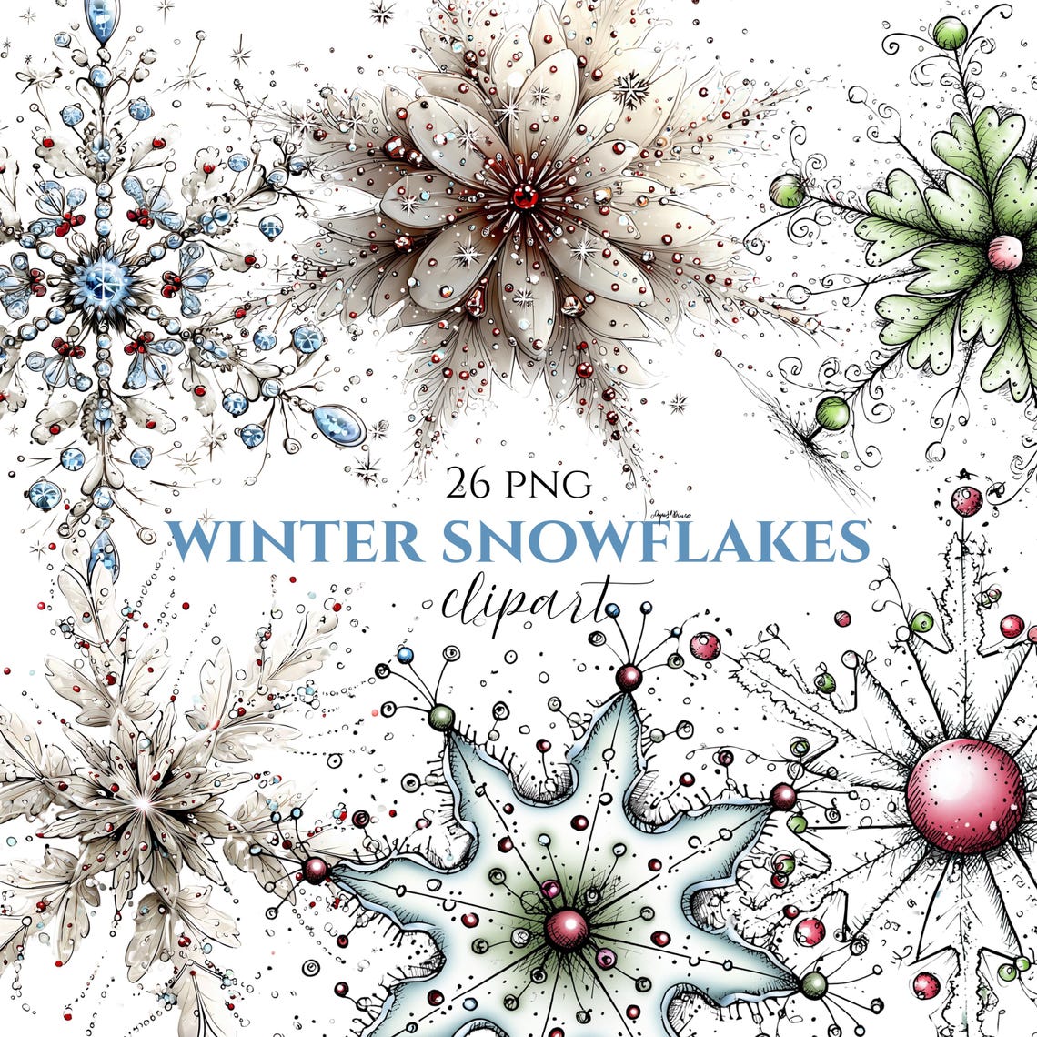 Whimsical Snowflake Clipart Bundle | 26 Ornate Winter Snowflakes PNG ...