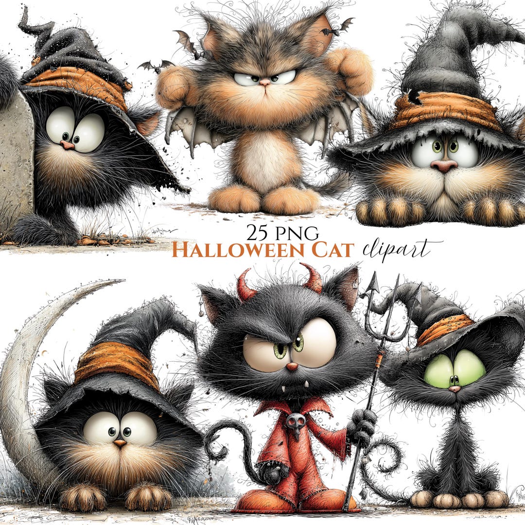 Spooky Halloween Cat Clipart Bundle, Witch Hat Kitties, Jack O Lantern ...