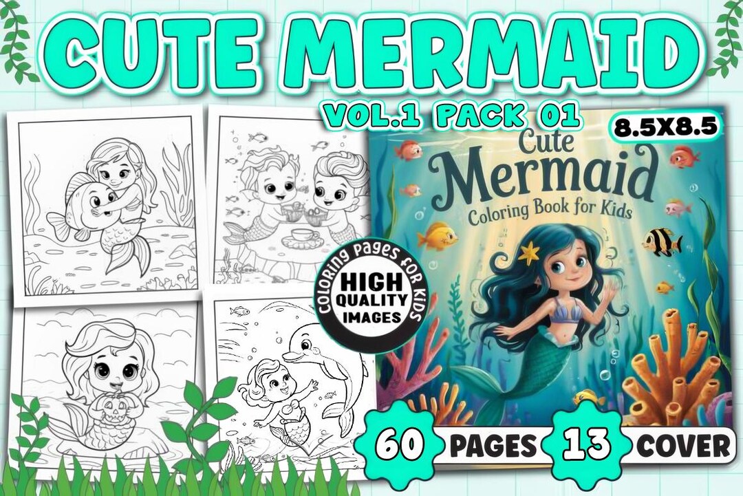 60 Cute Mermaid Coloring Pages for Kids Vol 1 Pack 1, Printable PNG ...