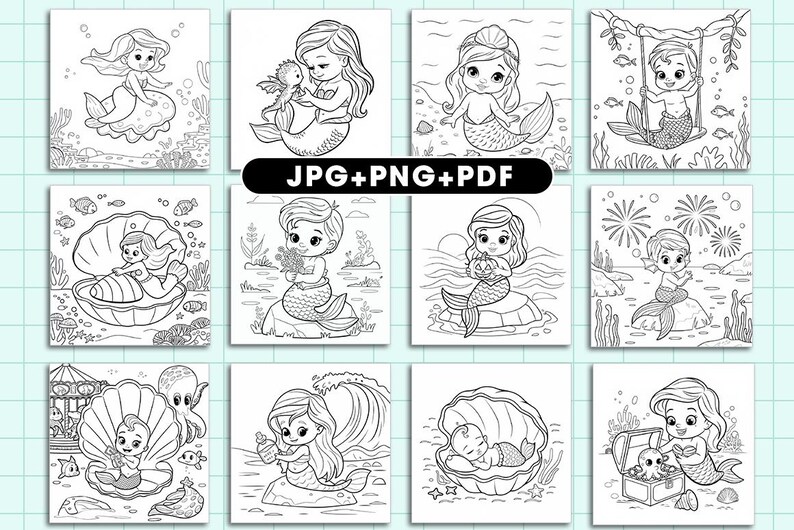60 Cute Mermaid Coloring Pages for Kids Vol 1 Pack 1, Printable PNG ...