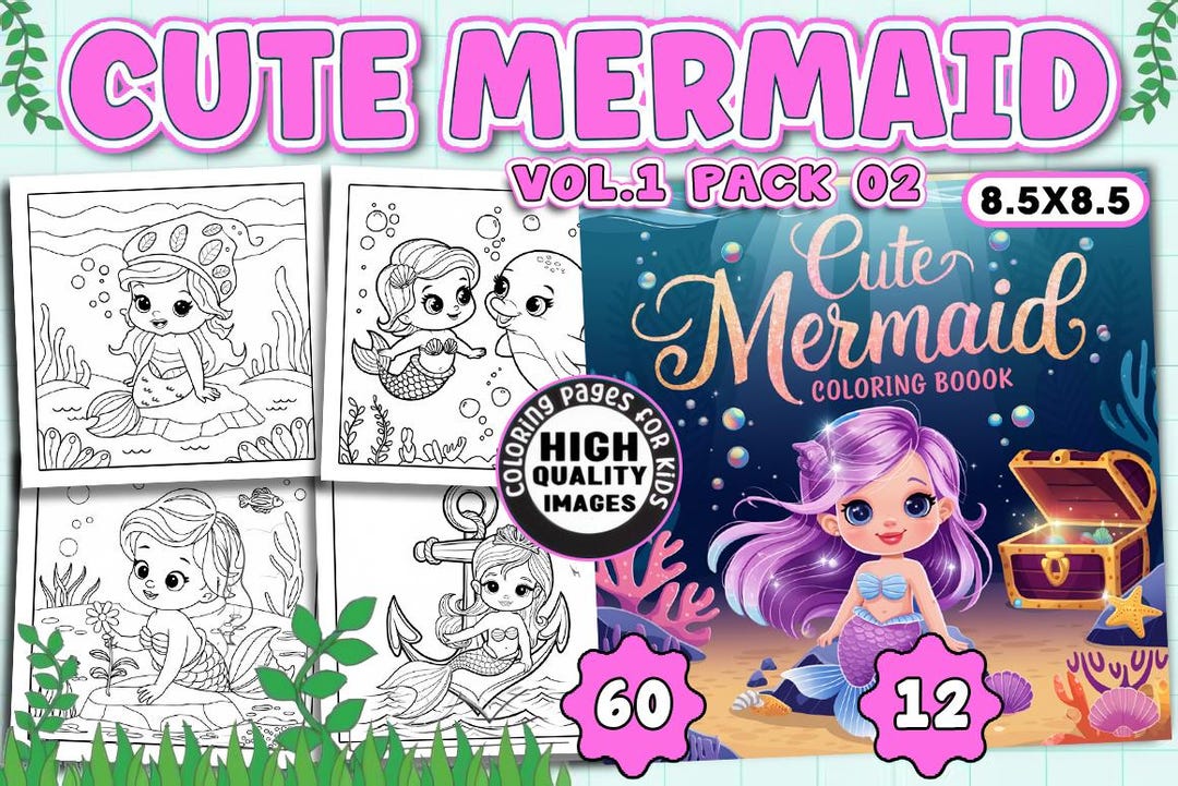 60 Cute Mermaid Coloring Pages for Kids Vol 1 Pack 2, Printable PNG ...