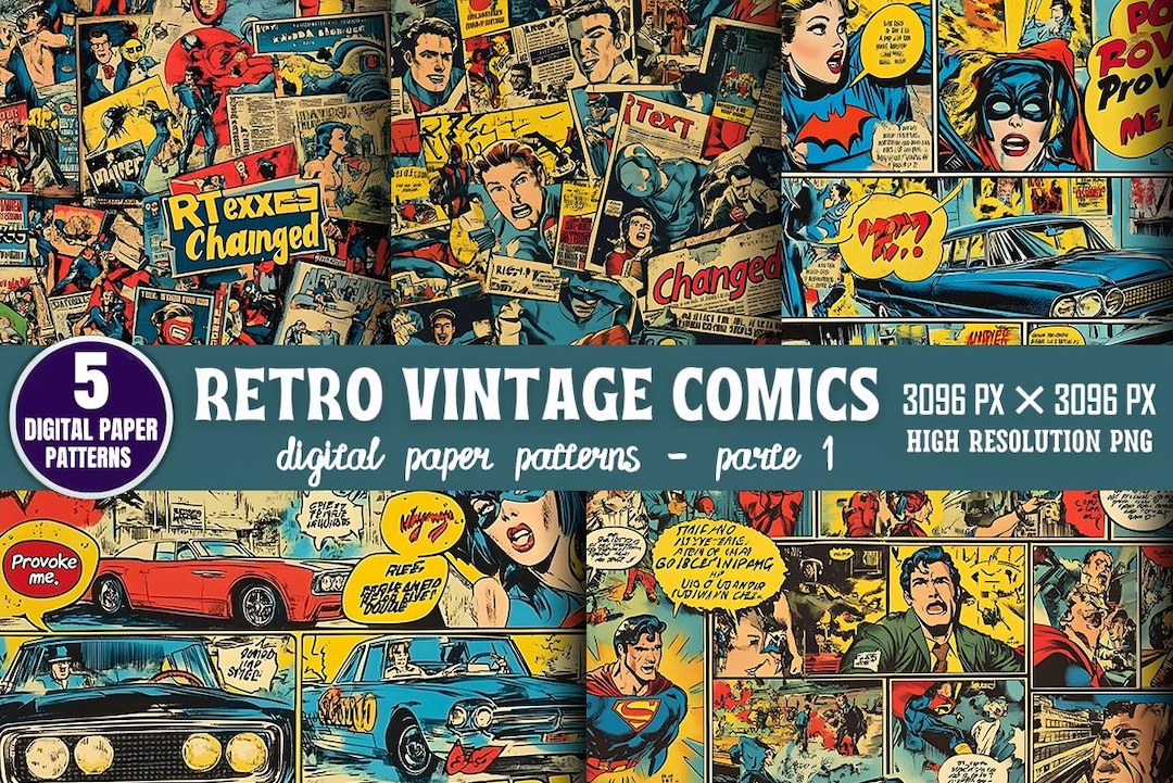 Retro Vintage Comics Digital Patterns PNG, Seamless Pop Art Backgrounds ...