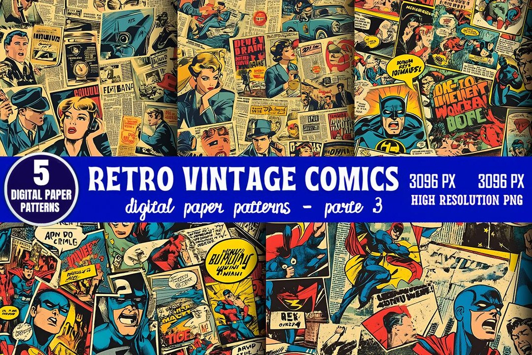 Retro Vintage Comics Digital Patterns PNG, Seamless Pop Art Backgrounds ...