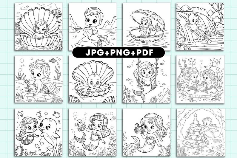 60 Cute Mermaid Coloring Pages for Kids Vol 1 Pack 2, Printable PNG ...