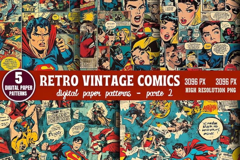 Retro Vintage Comics Digital Patterns PNG, Seamless Pop Art Backgrounds ...