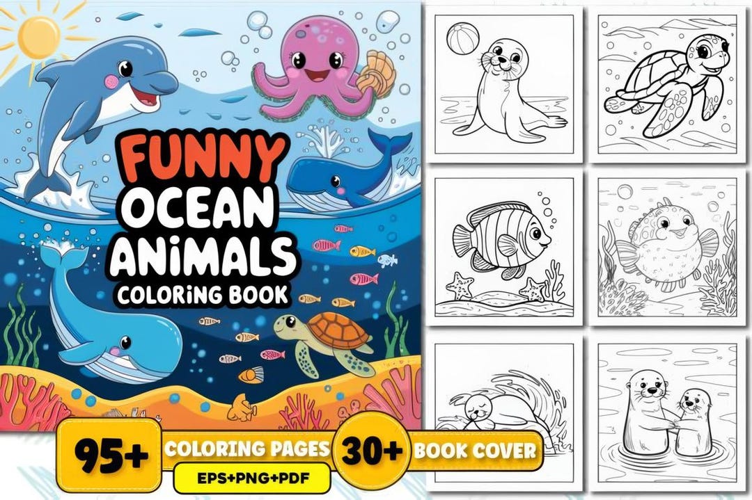 95 Funny Ocean Animals Coloring Pages for Kids Printable Book 8 X 8 ...