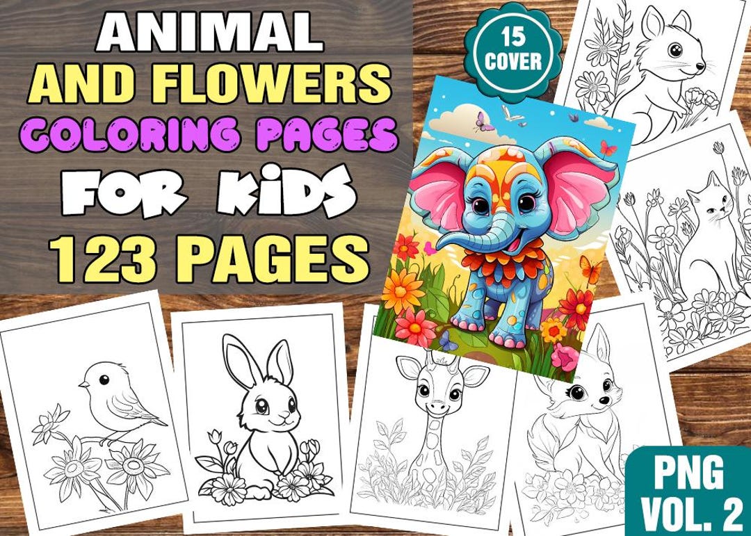 123 Animal and Flower Coloring Pages for Kids Vol 2, Printable PNG ...
