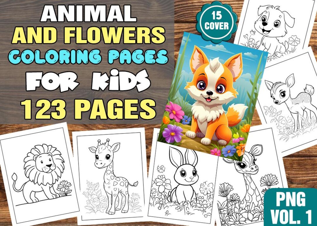 123 Animal and Flower Coloring Pages for Kids Vol 1, Printable PNG ...
