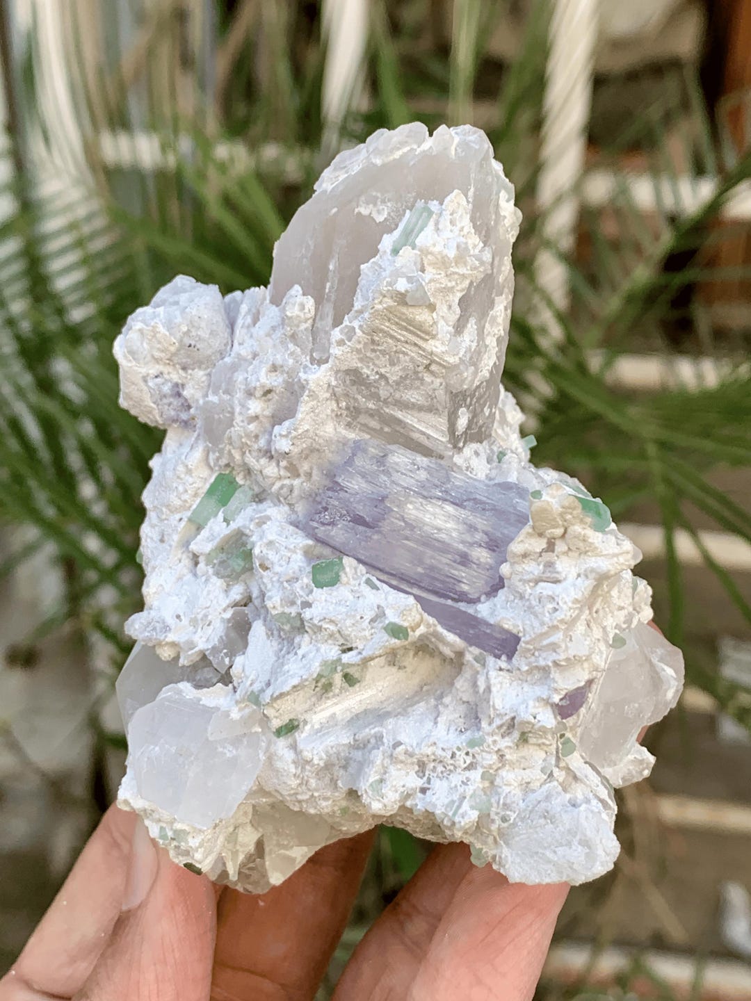 Fluorescent Purple Pink Kunzite With Green Tourmaline, Quartz Combined ...