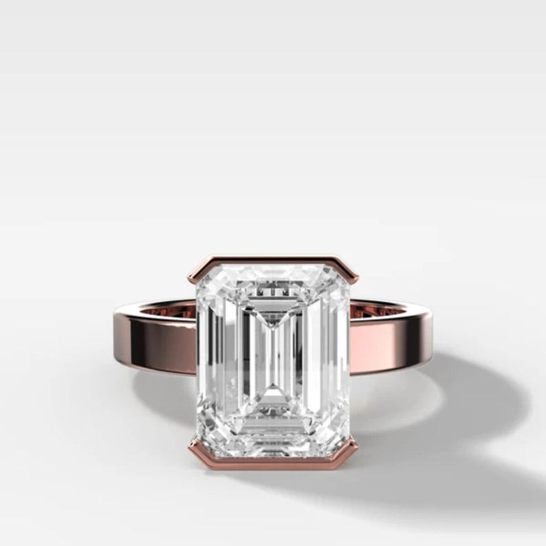 Half Bezel Emerald Cut Engagement Ring | 4CT Moissanite or Lab Diamond ...