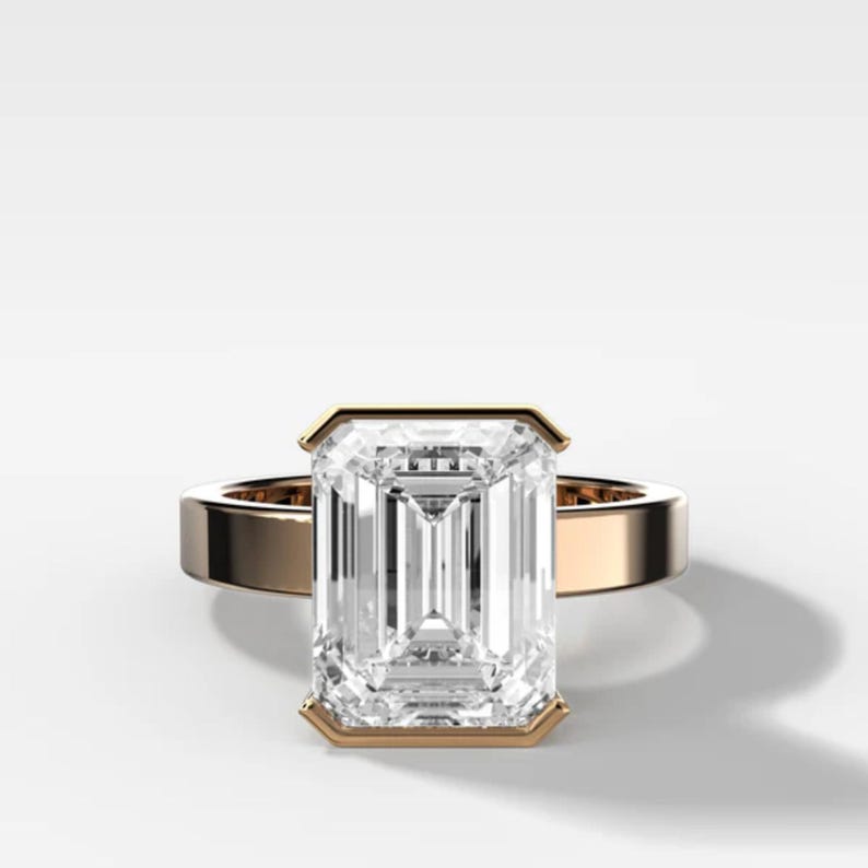 Half Bezel Emerald Cut Engagement Ring | 4CT Moissanite or Lab Diamond ...