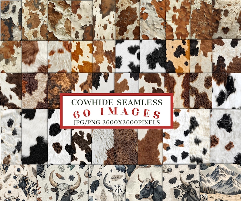 Realistic Cowhide Seamless Digital Paper – 60 High-resolution Textures ...