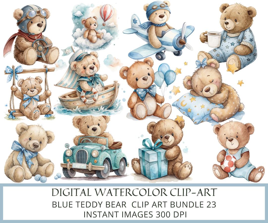 Blue Teddy Bear Watercolor Clipart Bundle (23 PNG Files) - Etsy