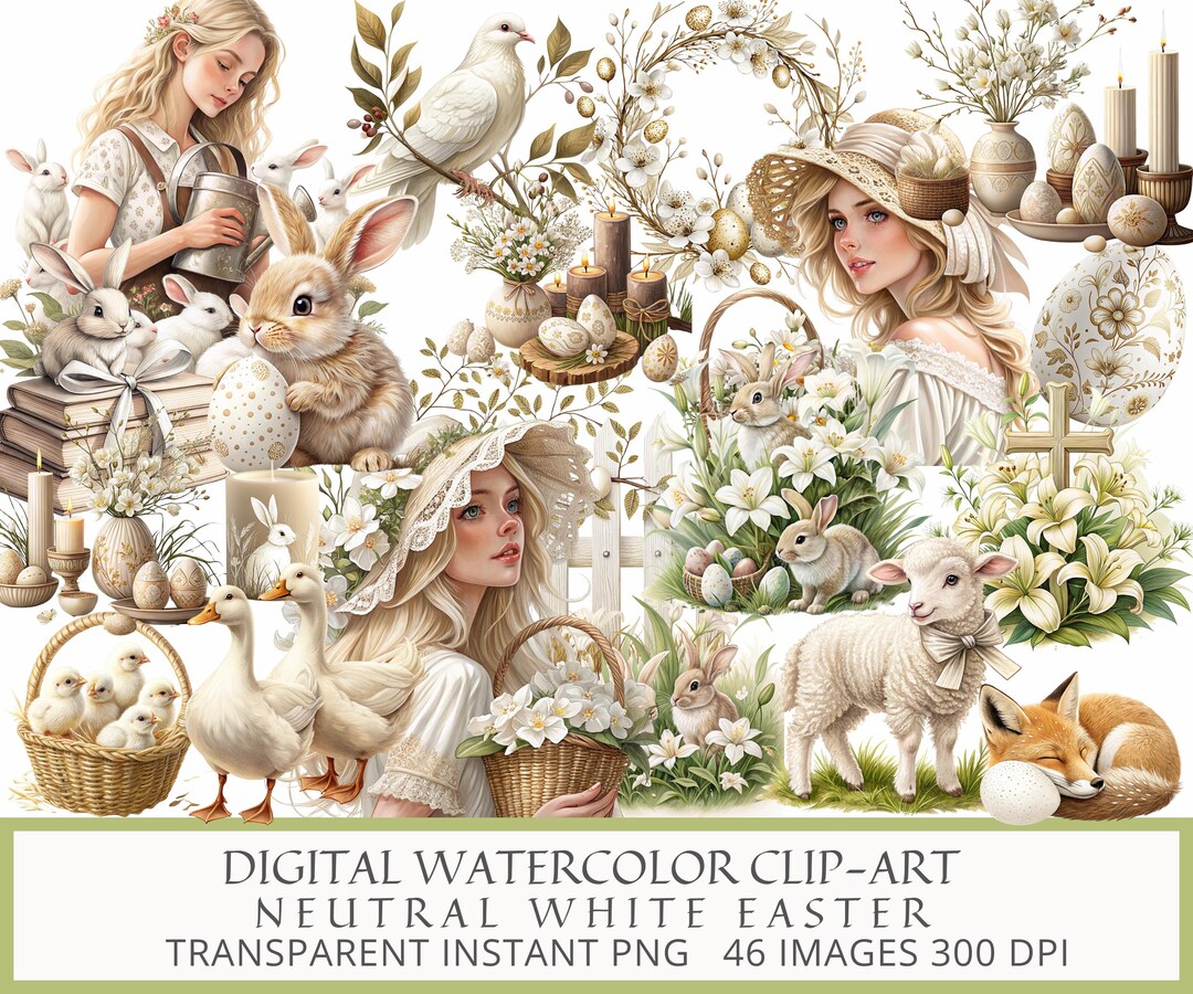 Neutral White Easter Clipart – Digital Watercolor PNG Set | Spring ...