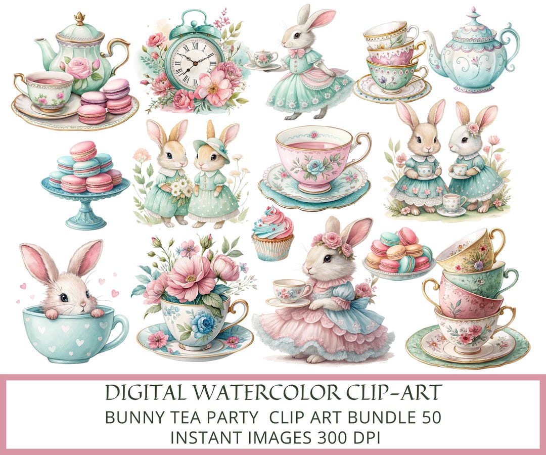 Bunny Tea Party Digital Clipart – Whimsical Watercolor Collection - Etsy