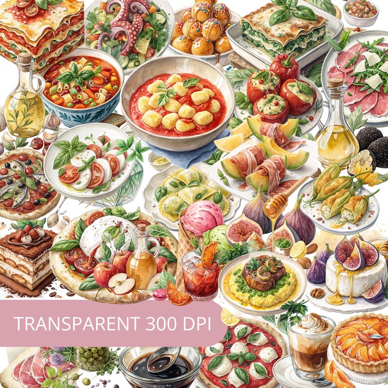 Italian Food Clipart | 353 Watercolor PNG | Pasta, Pizza, Cheese ...