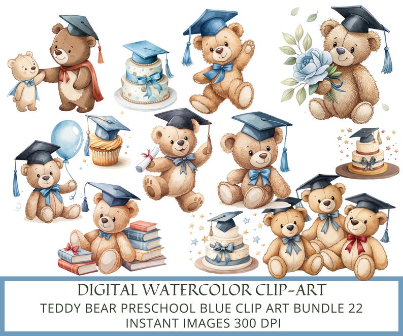 Teddy Bear Preschool Blue, Watercolor Clipart Bundle. 23 High-quality ...