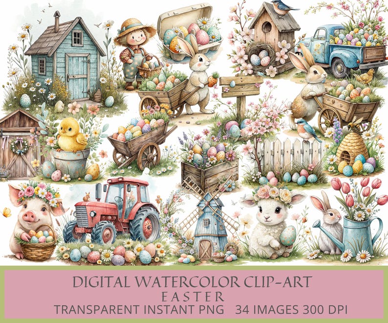 Easter Watercolor Clipart | Farmhouse Spring Digital Illustrations ...