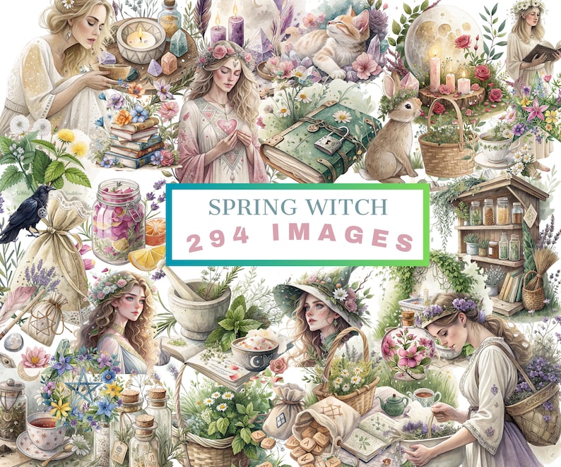 Witchy Spring Digital Clipart Bundle – Watercolor Magic for Your ...