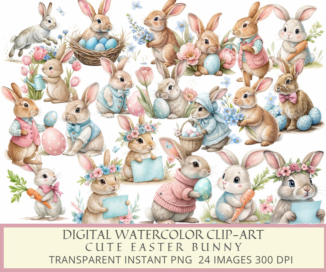 Watercolor Easter Bunny Clipart: Spring Floral PNG Set (digital ...