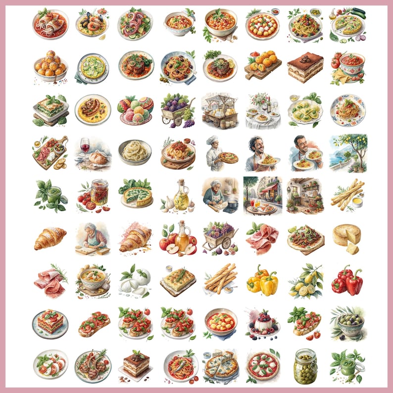 Italian Food Clipart | 353 Watercolor PNG | Pasta, Pizza, Cheese ...