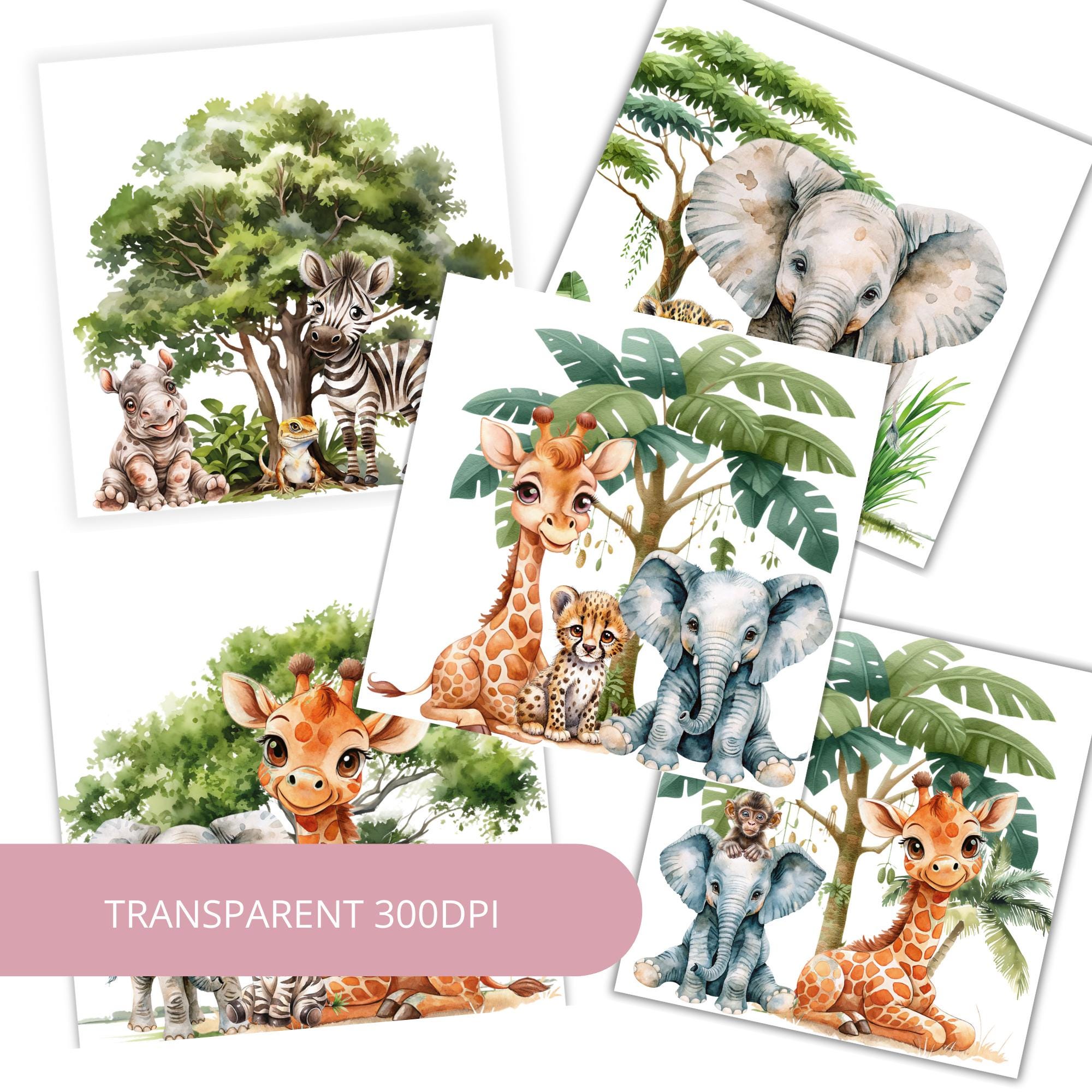 Safari Baby Animals Clipart: 55 Jungle Watercolor PNG Files (digital ...