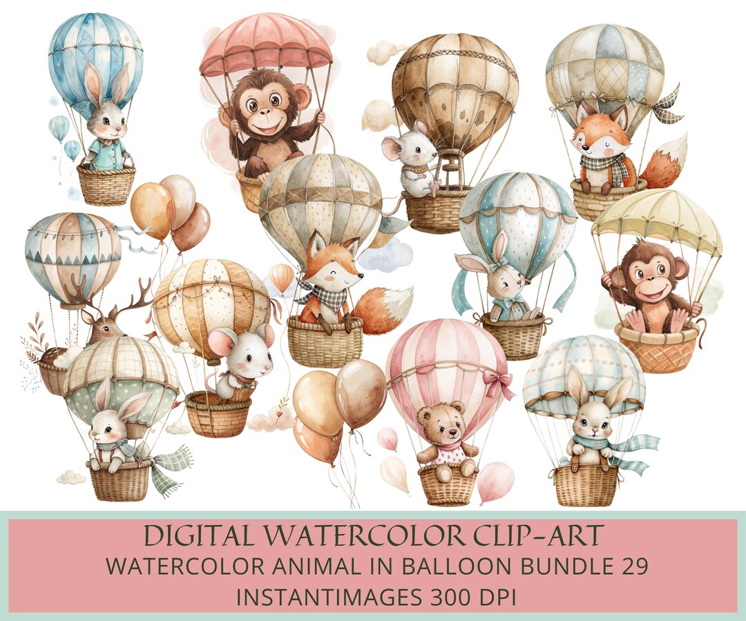 Watercolor Animals in Balloons – Digital Illustrations PNG | Clipart ...