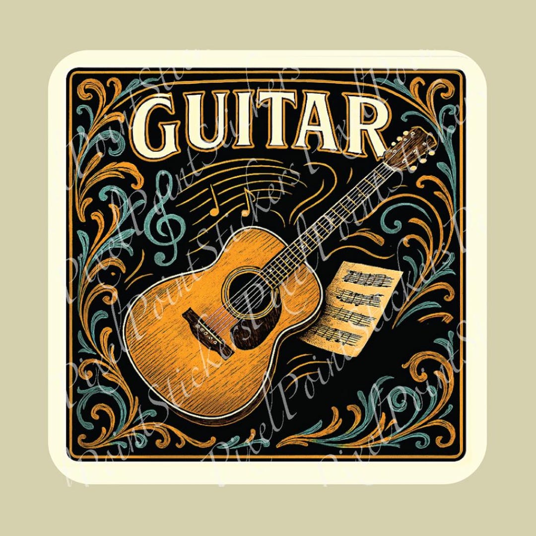Acoustic Guitar Sticker | Folk Guitar Gift | Vintage Acoustic Decal for ...