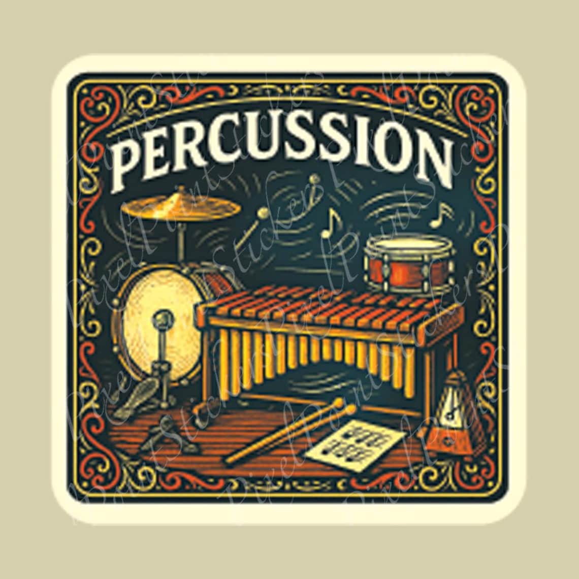 Percussion Sticker | Band and Drumline Gift | Vintage Percussion Decal for Laptops, Cases, and ...